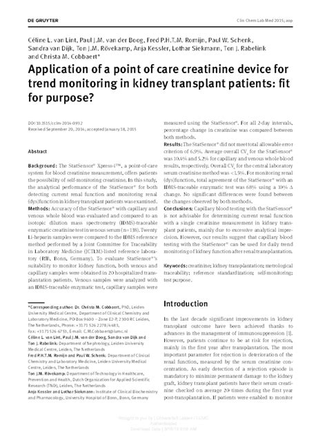 Pdf Application Of A Point Of Care Creatinine Device For Trend