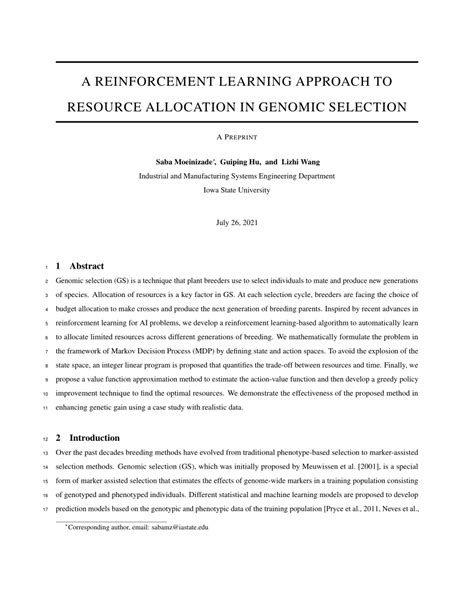 Pdf A Reinforcement Learning Approach To Resource Allocation In Genomic Selection