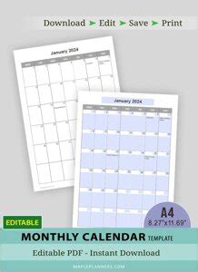 Editable A4 Monthly Calendar Templates