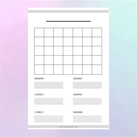 Large Blank Calendar Printable Minimalist Calendar Custom Calendar