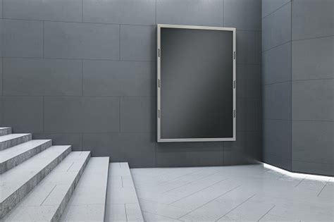 계단이 있는 지하에 있는 빈 검은색 모의 배너 상업 광고 개념입니다 3d 렌더링 공항 터미널에 대한 스톡 사진 및 기타 이미지 공항 터미널 계단 층계 Istock