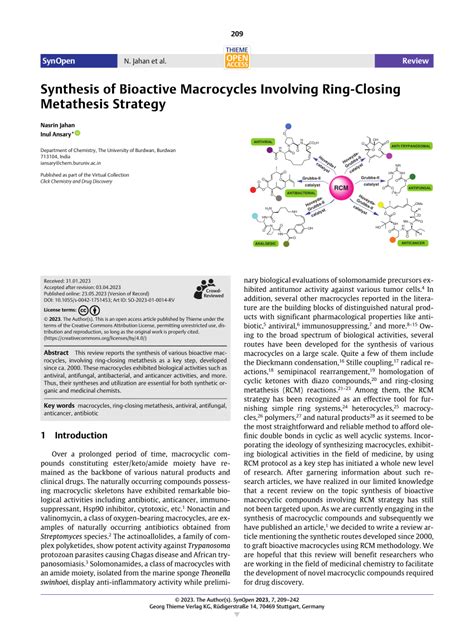 Pdf Synthesis Of Bioactive Macrocycles Involving Ring Closing Metathesis Strategy