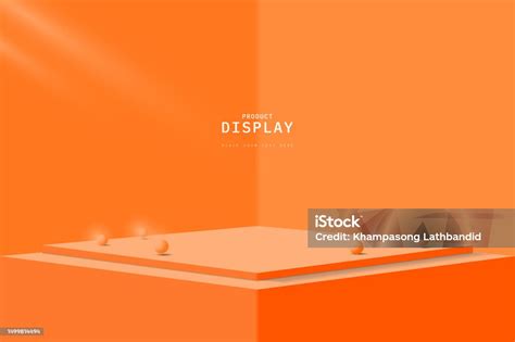 추상적인 3d 오렌지 큐브 받침대 연단 또는 제품 디스플레이는 모서리 배경에 빛나는 구체 공으로 사실적으로 서 있습니다 화장품 전시를 위한 최소 벽 모서리 장면 3d 벡터