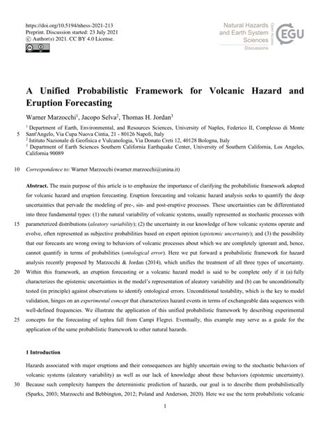 PDF A Unified Probabilistic Framework For Volcanic Hazard And Eruption Forecasting