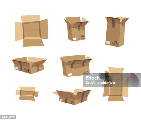 판지 오픈 및 폐쇄 재활용 상자 세트 만화 스타일 일러스트 배달 포장 플랫 그래픽 디자인 전달 클립 아트 흰색 배경에서 격리된 벡터 컬렉션 모형 3차원 형태에 대한 스톡