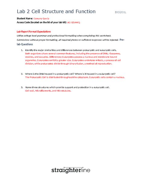 BIO201 Lab 2 Lab 2 From Straighterline Babe Name Osmany Garcia Access Code Located On