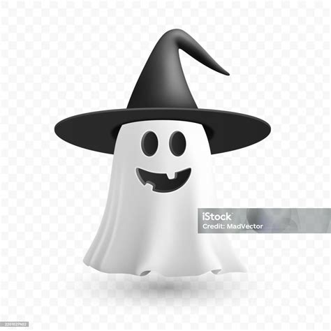 벡터 3d 마녀 모자에 현실적인 행복한 유령 으스스한 할로윈 유령 귀여운 떠다니는 영혼 재미 있는 만화 유령 고립 무서운 캐릭터 일러스트 Halloween 클립 아트 웃는