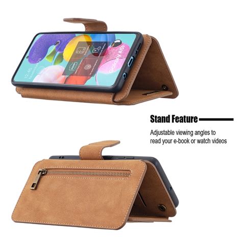 삼성 갤럭시 A51 분리형 프로스트 마그네틱 수평 플립 가죽 케이스 카드 슬롯 및 홀더 및 지퍼 지갑 및 포토 프레임 브라운