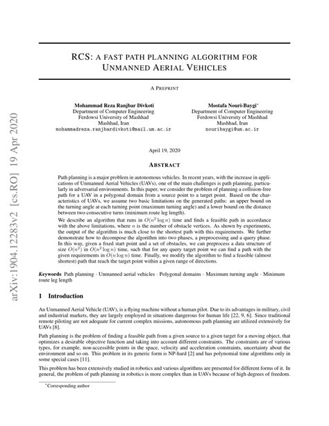 Pdf Rcs A Fast Path Planning Algorithm For Unmanned Aerial Vehicles