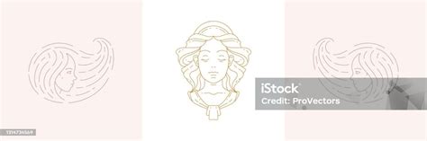 보헤미안 리니어 스타일 벡터 일러스트 세트에서 뷰티 헤어스타일을 가진 매직 여성 헤드와 여성 여신에 대한 스톡 벡터 아트 및