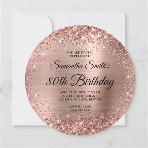 Rounded Rose Gold Glitter Monogram 80th Birthday Invitation Zazzle