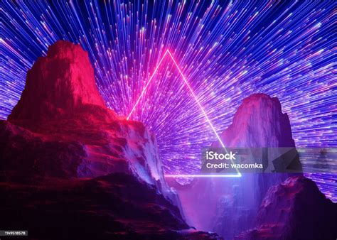 3d 렌더링 추상 네온 배경 바위 위의 핑크 블루 불꽃 놀이 산 우주의 풍경 자외선 삼각형 모양의 에너지 원에 빛나는 밀 삼각형 3차원 형태에 대한 스톡 사진 및 기타