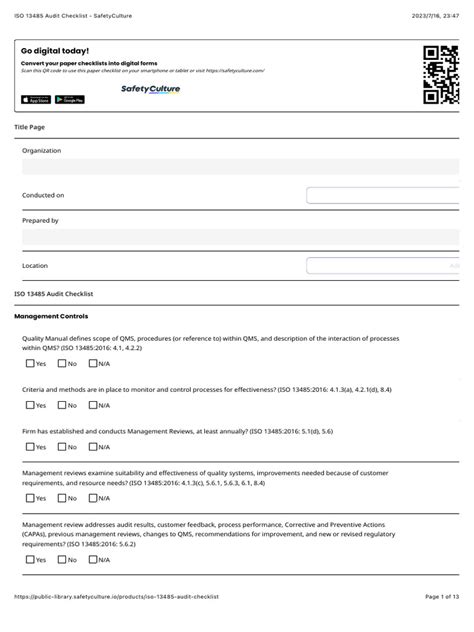 Iso 13485 Audit Checklist Safetyculture Pdf Verification And Validation Quality