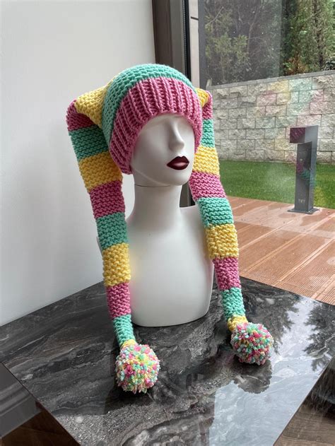 Knit Long Jester Harlequin Hat Kawaii Pastel Clown Jester Hat Cute Candy Hat Funny Jester