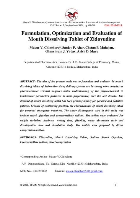 Pdf Formulation Optimization And Evaluation Of Mouth Dissolving Tablet Of Zidovudine