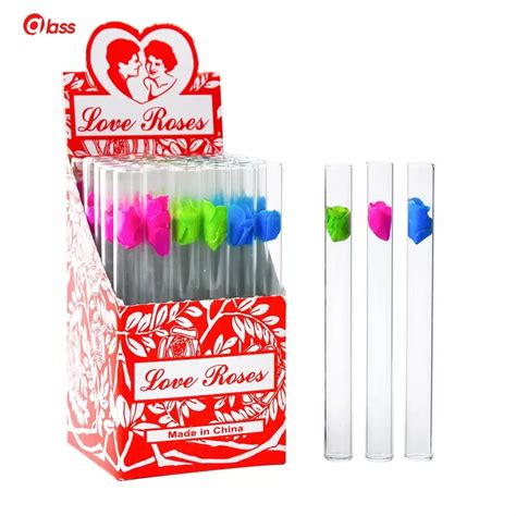 Love Rose Glass Pipe With Plastic Flower 36pcs In One Box Water Pipe