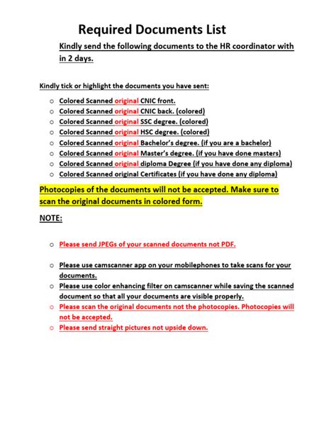 Required Documents List Pdf