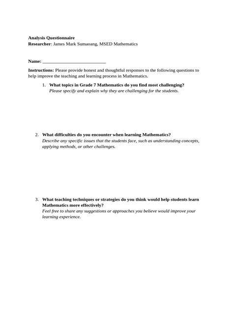 Analysis Questionnaire Pdf