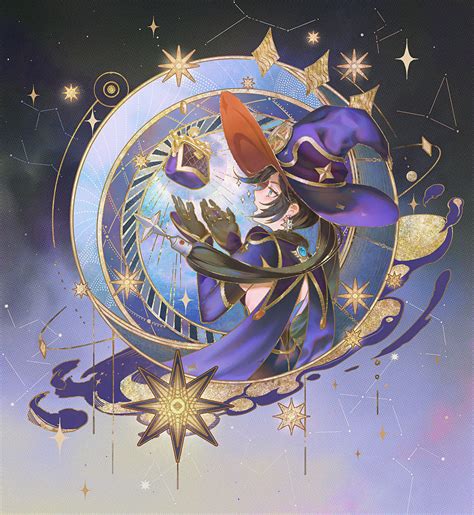 Мона из Геншин Импакт произносит заклинание среди небесных символов