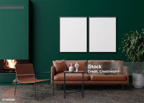 현대 거실의 어두운 녹색 벽에 두 개의 빈 수직 사진 프레임 현대적인 스타일로 인테리어를 모의 사진 포스터를위한 여유 공간 소파 안락 의자 벽난로 식물 3d 렌더링 0명에