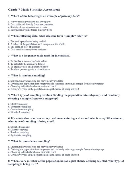 Grade 7 Math Statistics Assessment Quarter 4 Pdf Sampling Statistics Stratified Sampling