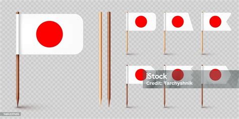 현실적인 다양한 일본 이쑤시개 깃발 일본에서 온 기념품 종이 깃발이 달린 나무 이쑤시개 위치 표시 지도 포인터 광고 및 프로모션을위한 빈 모형 벡터 그림 0명에 대한 스톡