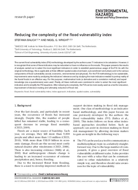 Pdf Reducing The Complexity Of The Flood Vulnerability Index