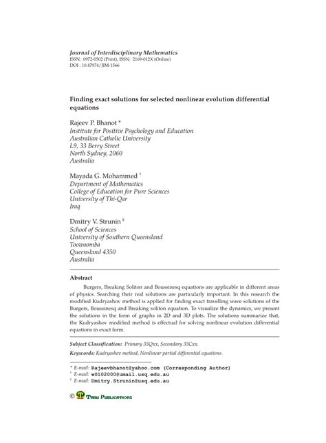 Pdf Finding Exact Solutions For Selected Nonlinear Evolution