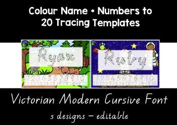 VIC MODERN CURSIVE Colour Name Numbers To Tracing Templates EDITABLE