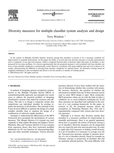 pdf diversity measures for multiple classifier system analysis and