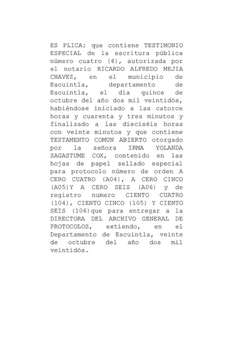 Plica DEL Testamento Comun Abierto IRMA Yolanda ES PLICA Que