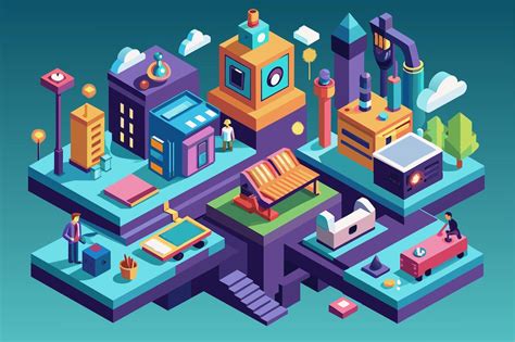 A Vibrant Isometric Landscape Showcases Diverse Buildings And Activities In A Dynamic Urban