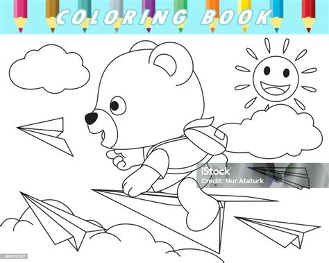 귀여운 테디베어가 종이비행기로 하늘을 날고 구름 뒤에 태양이 있는 색칠하기 책 벡터 만화 그림 고등학교 이하에 대한 스톡 벡터 아트 및 기타 이미지 Istock