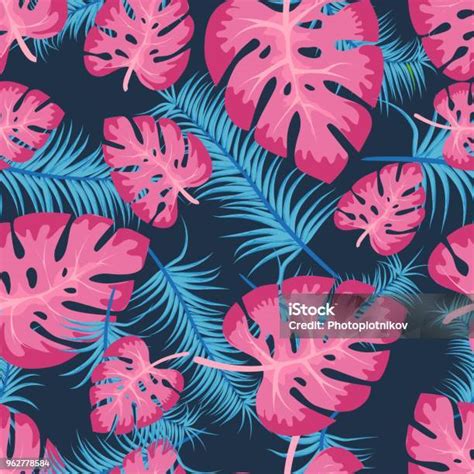 다채로운 열 대 잎 벡터 완벽 한 패턴입니다 귀여운 밝고 재미 있는 여름 유행 블루 핑크 스타일에서 꽃 배경 정글 잎 이국적인 야자수 나뭇잎 벡터 일러스트 레이 션 0명에
