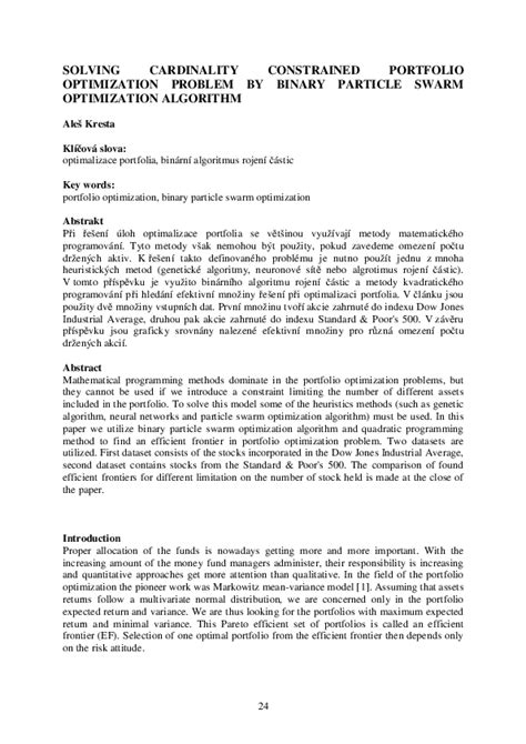Pdf Solving Cardinality Constrained Portfolio Optimization Problem By Binary Particle Swarm