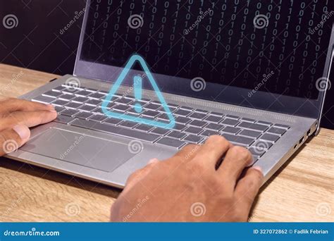 Man Using A Laptop With Blue Triangle Caution Warning Sign For Notification Error Restricted