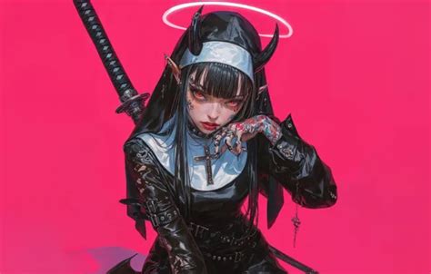 Wallpaper Demon Devil Anime Katana Tattoo Anime Girl Pink
