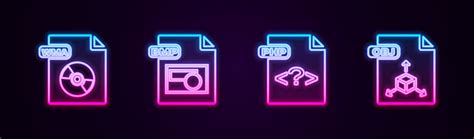 라인 Wma 파일 문서 Bmp Php 및 Obj를 설정합니다 빛나는 네온 아이콘 벡터 가득 찬에 대한 스톡 벡터 아트 및 기타