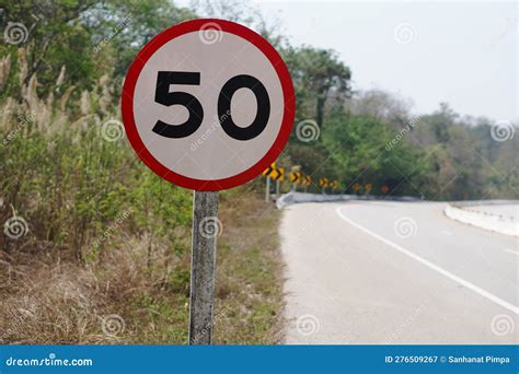 Warning Road Sign With Number 50 On Red Circle To Warn Limit Speed