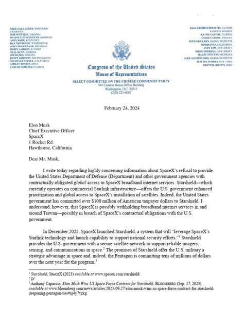 House Ccp Letter To Elon Musk On Starshield Pdf