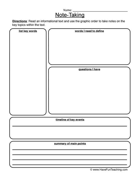 Note Taking Worksheet Summarizing Worksheet Note