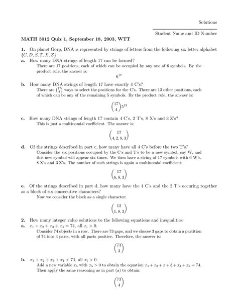 Quiz 1 With Resolution Applied Combinatorics Math 3012 Exámenes Matemáticas Docsity