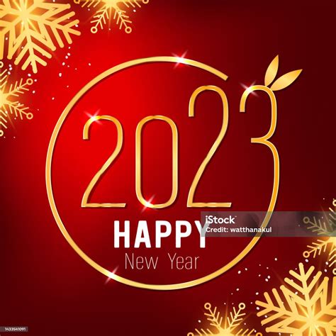 새해 복 많이 받으세요 2023 금색 빨간색 그라디언트 배경에 원 프레임이있는 텍스트 황금 눈송이 아이콘으로 장식되어 있습니다