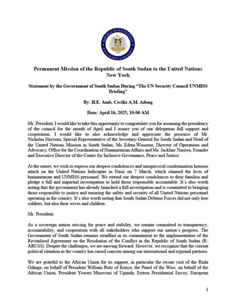Text Statement Of South Sudan Un Permanent Representative At The Unsc