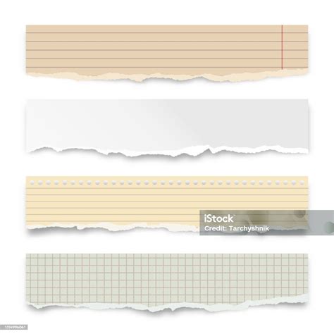 흰색 배경에 고립 된 찢어진 다채로운 종이 스트립 찢어진 가장자리가있는 현실적인 구겨진 종이 스크랩 노트북 페이지의 줄 지어 조각 벡터 일러스트레이션 0명에 대한 스톡 벡터