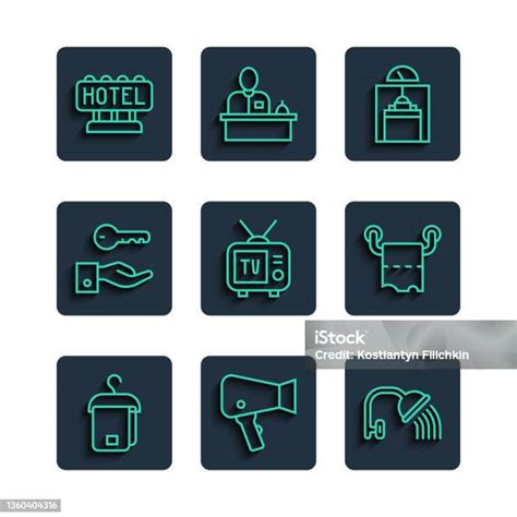 옷걸이 헤어 드라이어 샤워 헤드 리프트 복고풍 Tv 호텔 도어 잠금 키 텍스트와 화장지 롤 아이콘 간판에 라인 타월을 설정합니다 벡터 가정의 방에 대한 스톡 벡터 아트 및