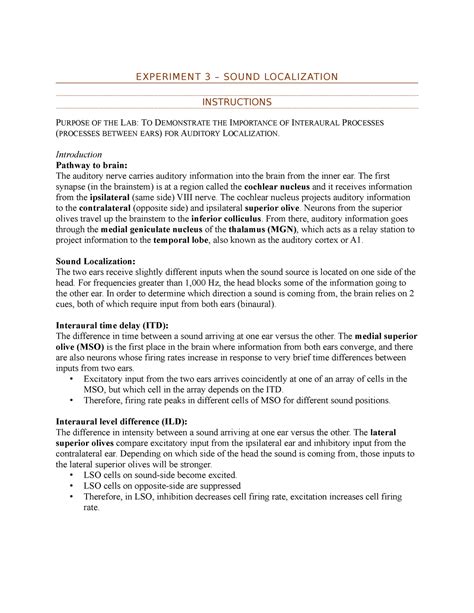 Experiment 3 Sound Localization Experiment 3 Sound Localization Instructions Purpose Of The