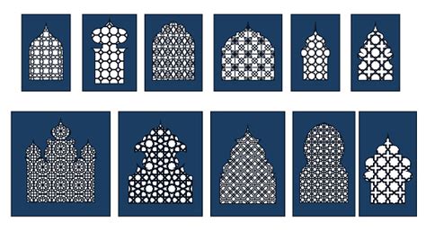 아라비아 동양의 창문 아치 및 문 모음 레이저 컷 그릴 블랙 포 프레임의 현대적인 디자인 모스크 돔 및 랜턴 이슬람 라마단 카림 및 이드 무바라크 스타일 벡터 그림 0명에
