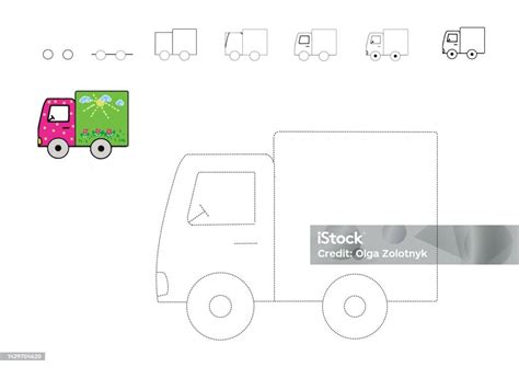 그리기 자습서 자동차를 그리는 방법 추적 할 트럭 벡터 추적 게임 단계별로 아이들을위한 교육 게임을 점 0명에 대한 스톡 벡터