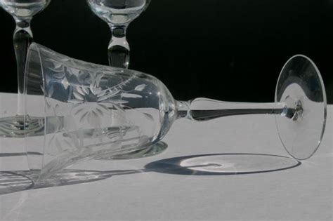 Vintage Seneca Glass Wine Glasses Or Water Goblets Etched Wheel Cut Daisy Optic Pattern
